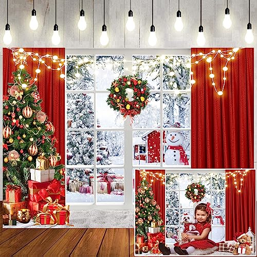 LTLYH Red Winter Snow Window Backdrop for Christmas Party Decorations and Photo Booth Props
