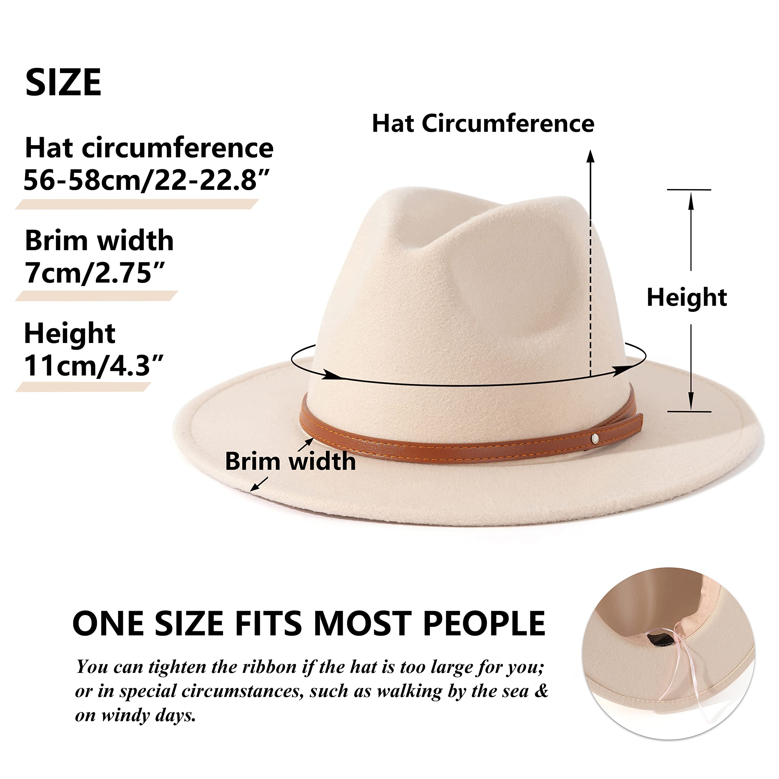 Lisianthus Womens Wide Brim Fedora Hat Felt Jazz Cap with Belt Buckle Decor Brown Belt-Creamy M