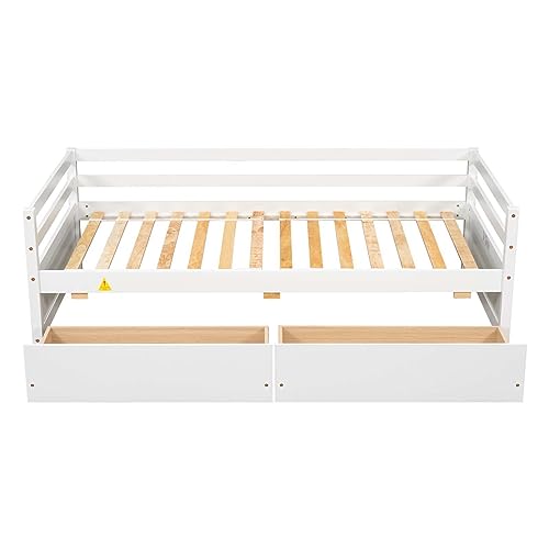 Twin Size Wooden Daybed Frame with 2 Storage Drawers, Multifunctional Sofa Bed with Wood Slat Support for Living Room Boys Girls Adults, No Spring Box Needed, Space Saving (White)