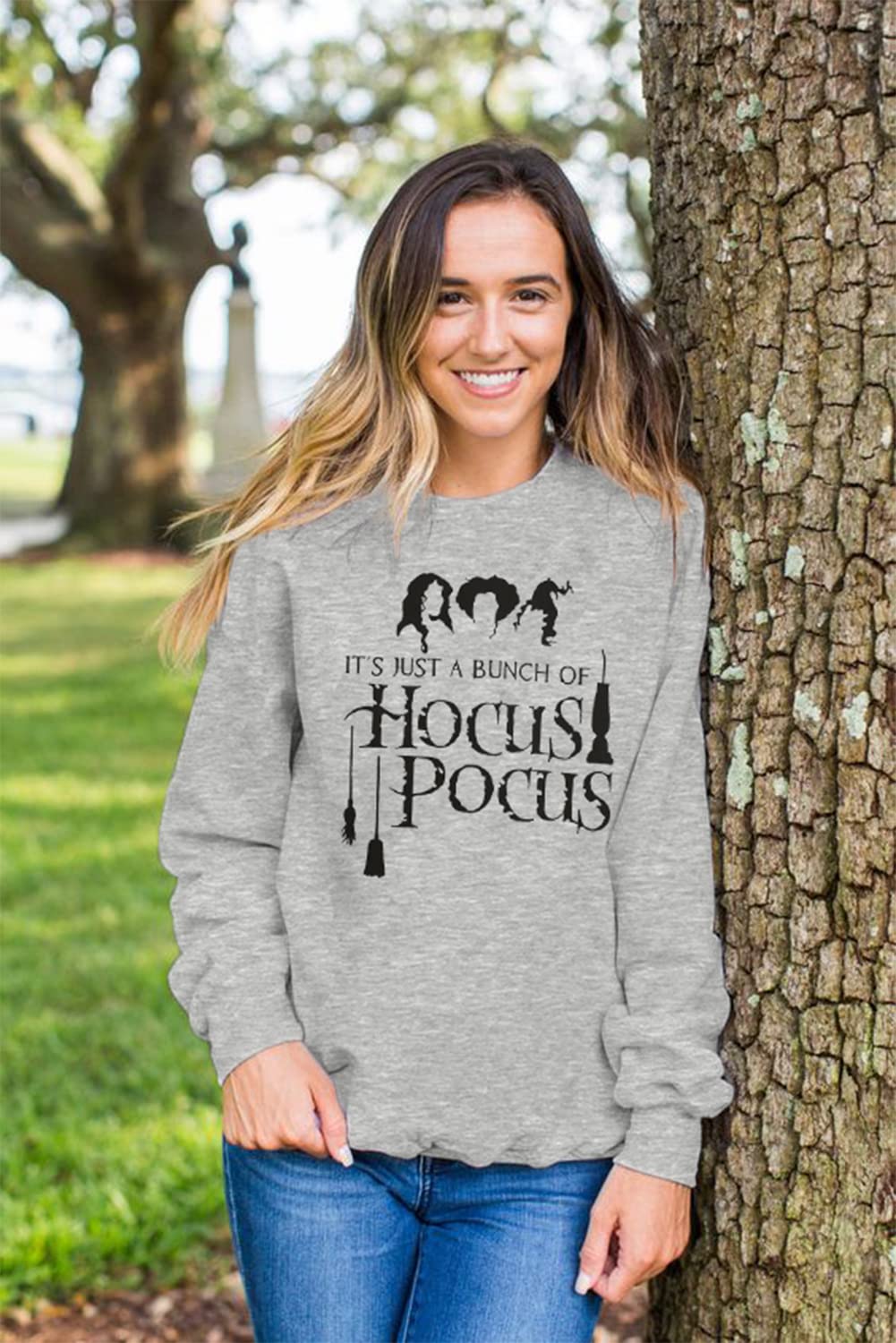 KIDDAD It's Just A Bunch of Hocus Pocus T-Shirt Women Halloween Sanderson Sisters Long Sleeve Crewneck Casual Pullover Tops Light Gray