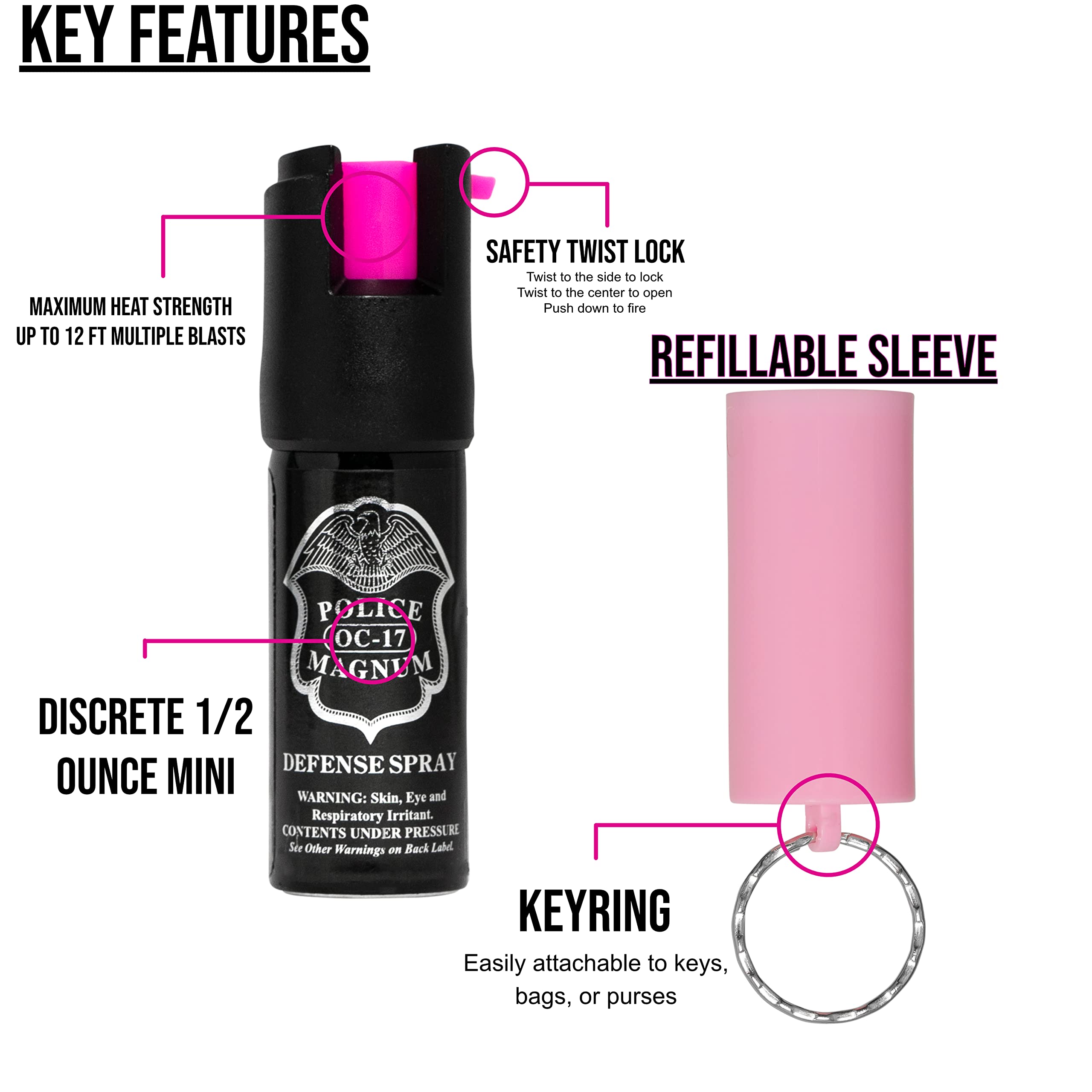 Police Magnum Pepper Spray Self Defense- Mini Pocket Safety Tool kit - Small discreet Canister Case- Made in The USA- 2 Pack 1/2oz Twist Lock Pink Sleeve Keyring