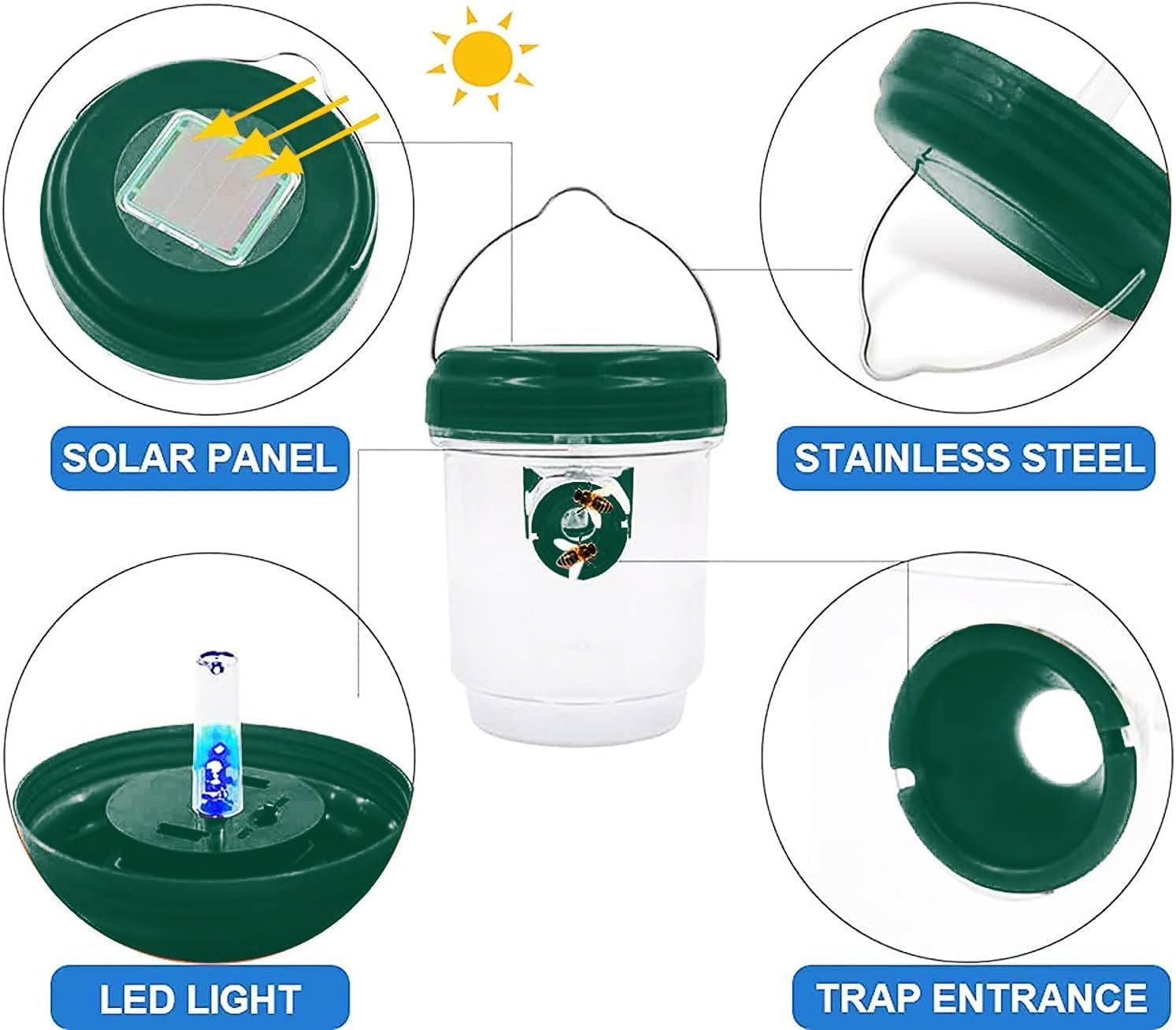 outtkitywi 2 Pack Solar Wasp Traps, Solar Powered Wasp Killer Hanging with UV LED Light, Reusable Bee Trap Catcher Outdoor for Hornets, Yellow Jackets