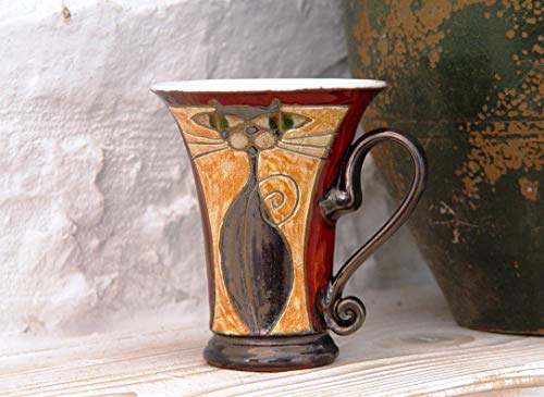 Pottery Coffee Mug, Cat Mug, Red Mug with Unique Hand Painted Decoration