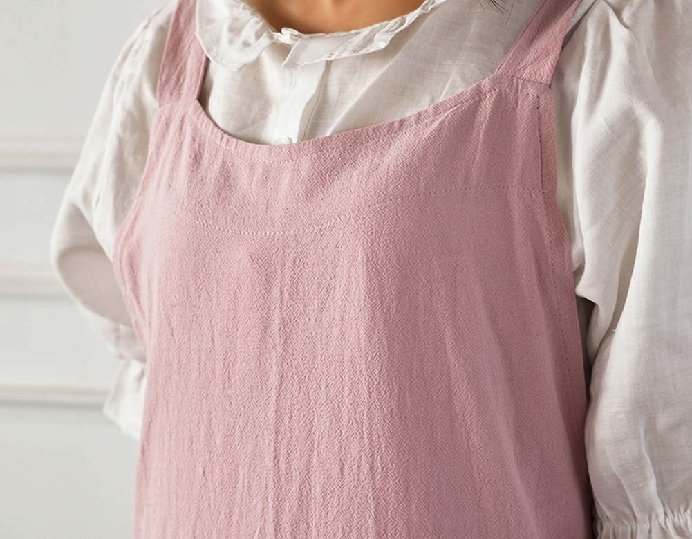 NEWGEM Cotton Linen Cross Back Apron for Women with Pockets for Baking Painting Pink with Waist Ties