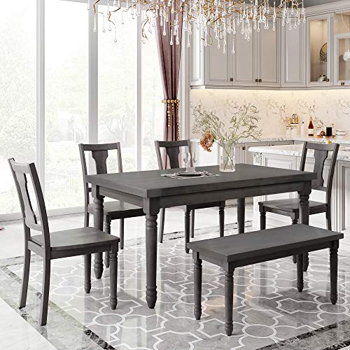 Woanke 6-Piece Set, Wooden Rectangular Table with 4 Chairs and 1 Bench, Rustic Style for Kitchen, Dining Room, Breakfast Nook, 2-Gray