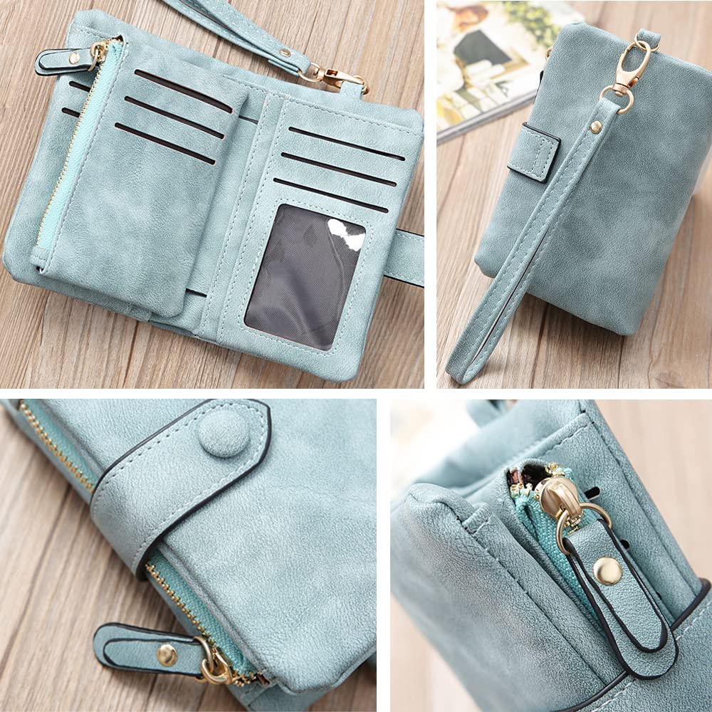 soputry Small Trifold Leather Wallet For Women, Multi Card Organizer Small Women Wallet with Zippered Coin Pocket and Wristlet, Frosted Soft Leather Wallet Card Case Purse (Purple)