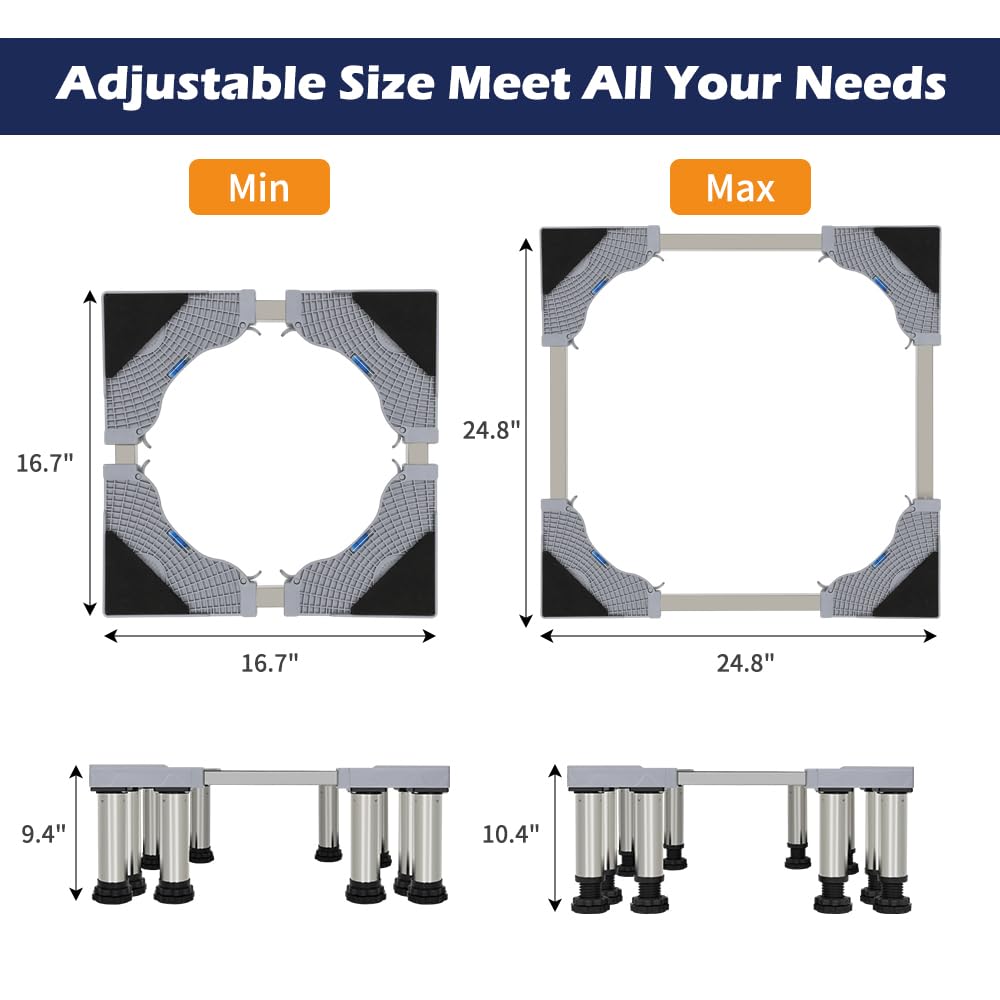 LUCKUP Washing Machine Stand Refrigerator Stand with 12 Heavy Duty Feet (Height: 9.4"-10.4") Washer Pedestal Adjustable Base for Washer and Dryer, Fridge, Max Load 660LB/300KG