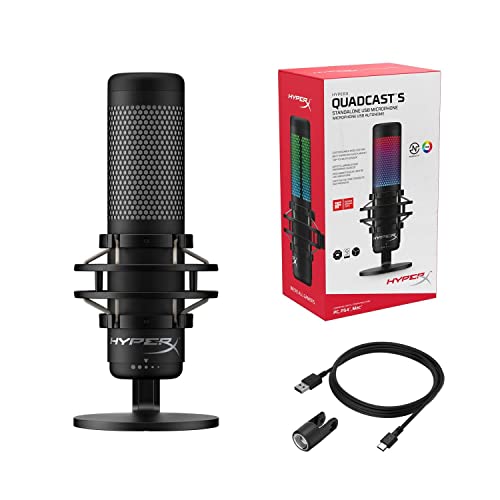 HyperX QuadCast S RGB USB Condenser Microphone for PC, PS4 and Mac, Anti-Vibration Shock Mount, Four Polar Patterns, Pop Filter, Gain Control, Gaming, Streaming, Podcasts (Renewed)
