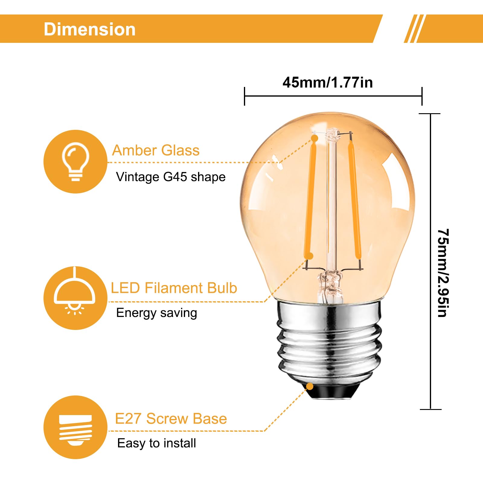 Suncan G14 2W Low Wattage Led Bulb E27, Amber G45 Edison Mini Light Bulb, Equivalent 15 Watt, Warm White 2500k, 150lm, for Chandelier Bathroom Vanity Mirror, Not Dimmable, 2 Pack