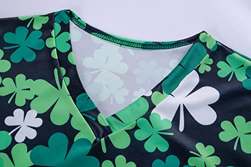 St. Patrick's Day Scrub Tops Women Cute V-Neck Green Shamrocks Printed Working Uniforms Shirt 2 Pockets Holiday Tshirt