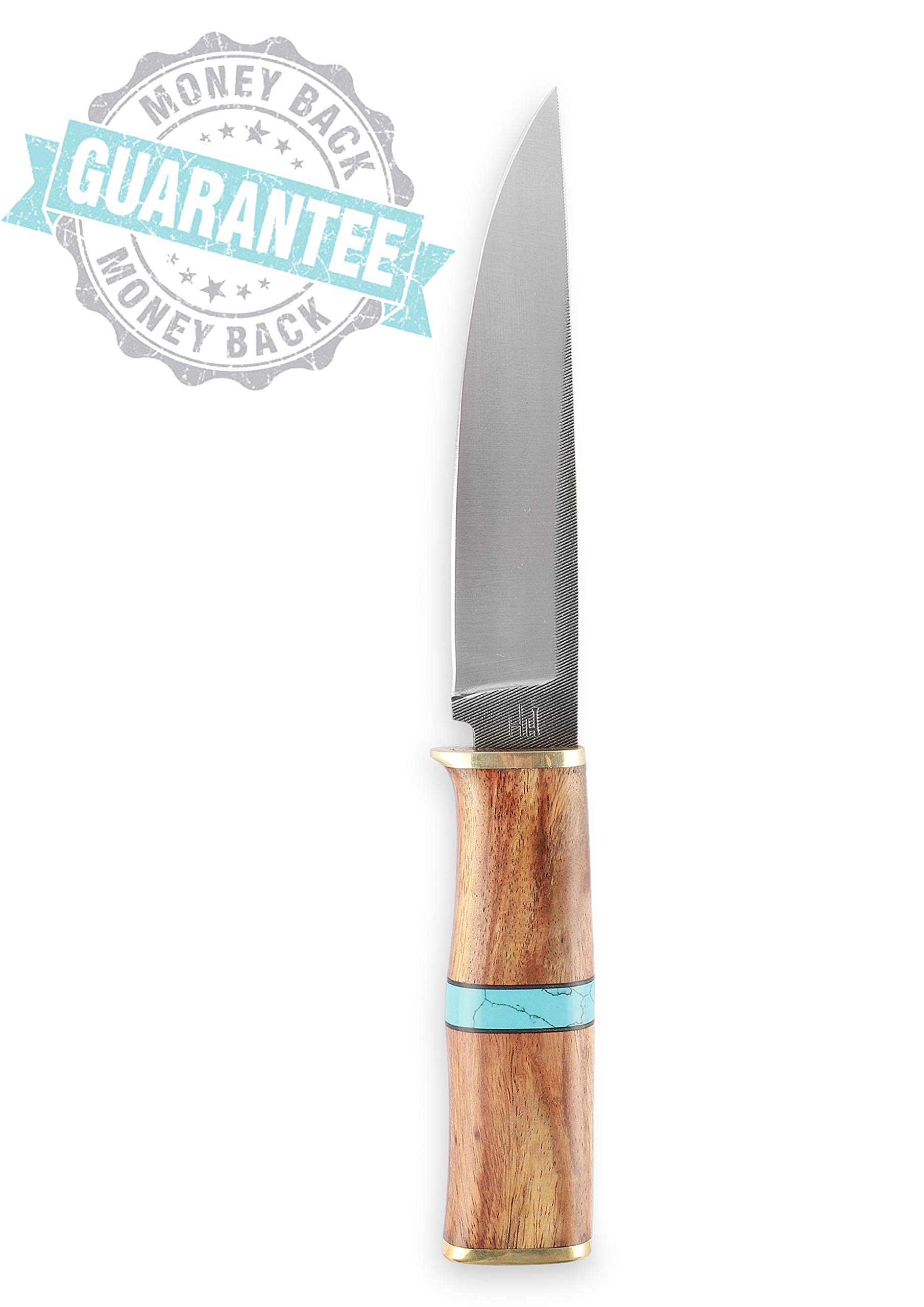 Hobby Hut HH-311, Custom Handmade 13 inches 1095 Steel Hunting Knife with Leather Sheath , Fixed Blade Survival Knife, Wood and Turquoise Handle, Designed for Hunting and Camping