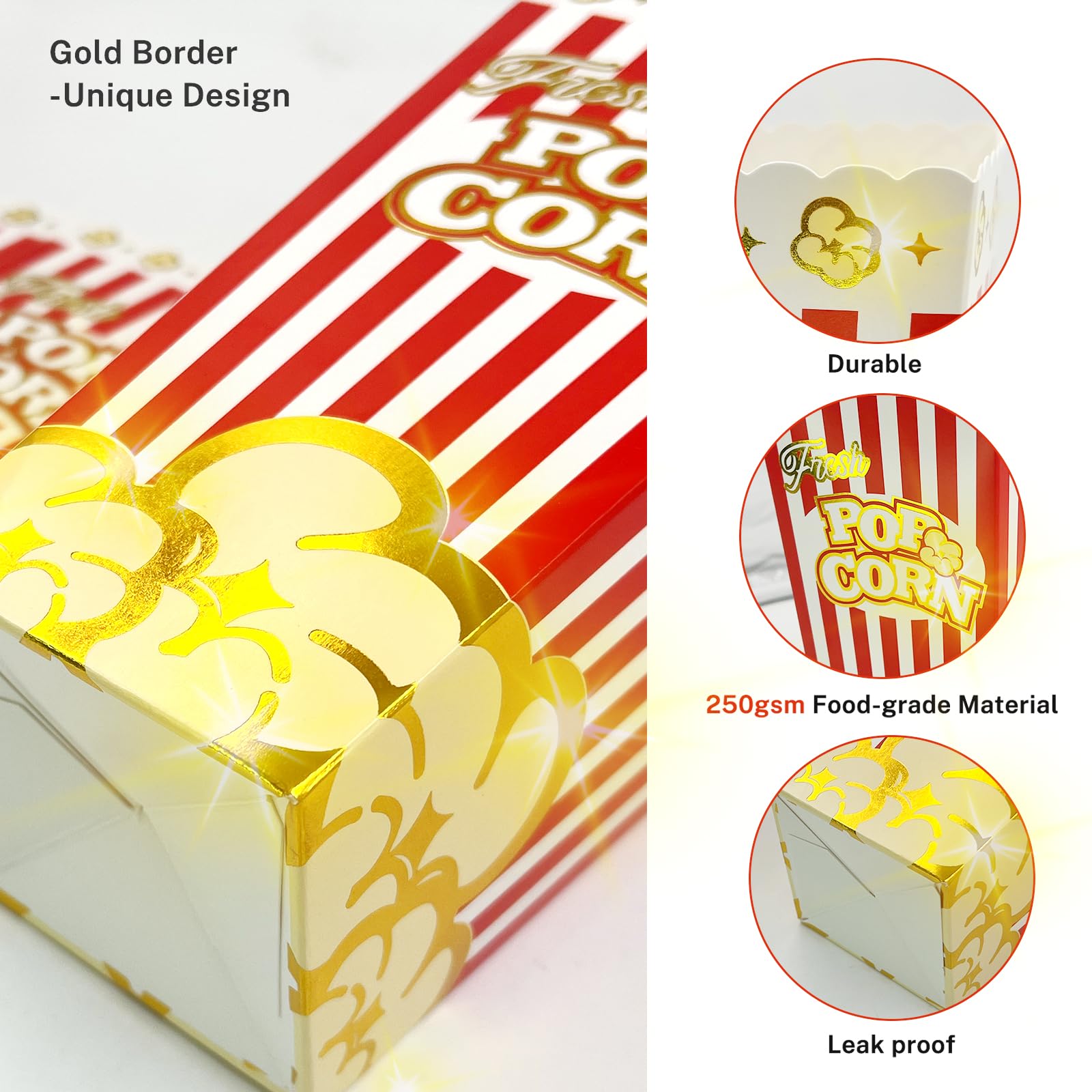 SNAIL GARDEN 30Pcs 46oz Large Capacity Popcorn Boxes, Movie Night Red/White Stripes Mixed Glod Border Decor Food Container,Disposable Paper Box,Durable Snack Bag For Hollywood Theme Birthday Party