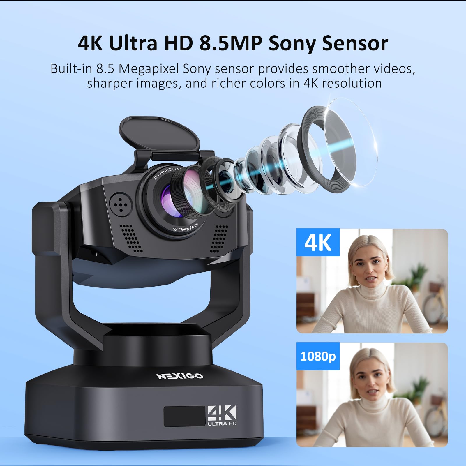 NexiGo Zoom Certified, N990 (Gen 2) 4K PTZ Webcam, Video Conference Camera System with 5X Digital Zoom, Sony_Starvis Sensor, Position Preset, Dual Stereo Mics, 3.5mm Audio Jacks for External Mics