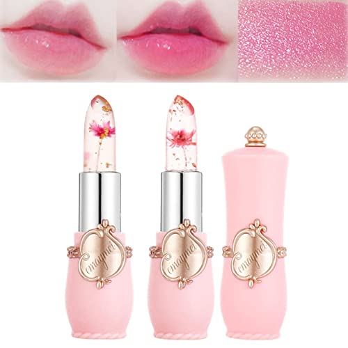 paminify 2Pcs Jelly Clear Crystal Flower Magic Lipstick Tinted Lip Balm Nourishing Moisturizing Lip Stick labial magicos,pink