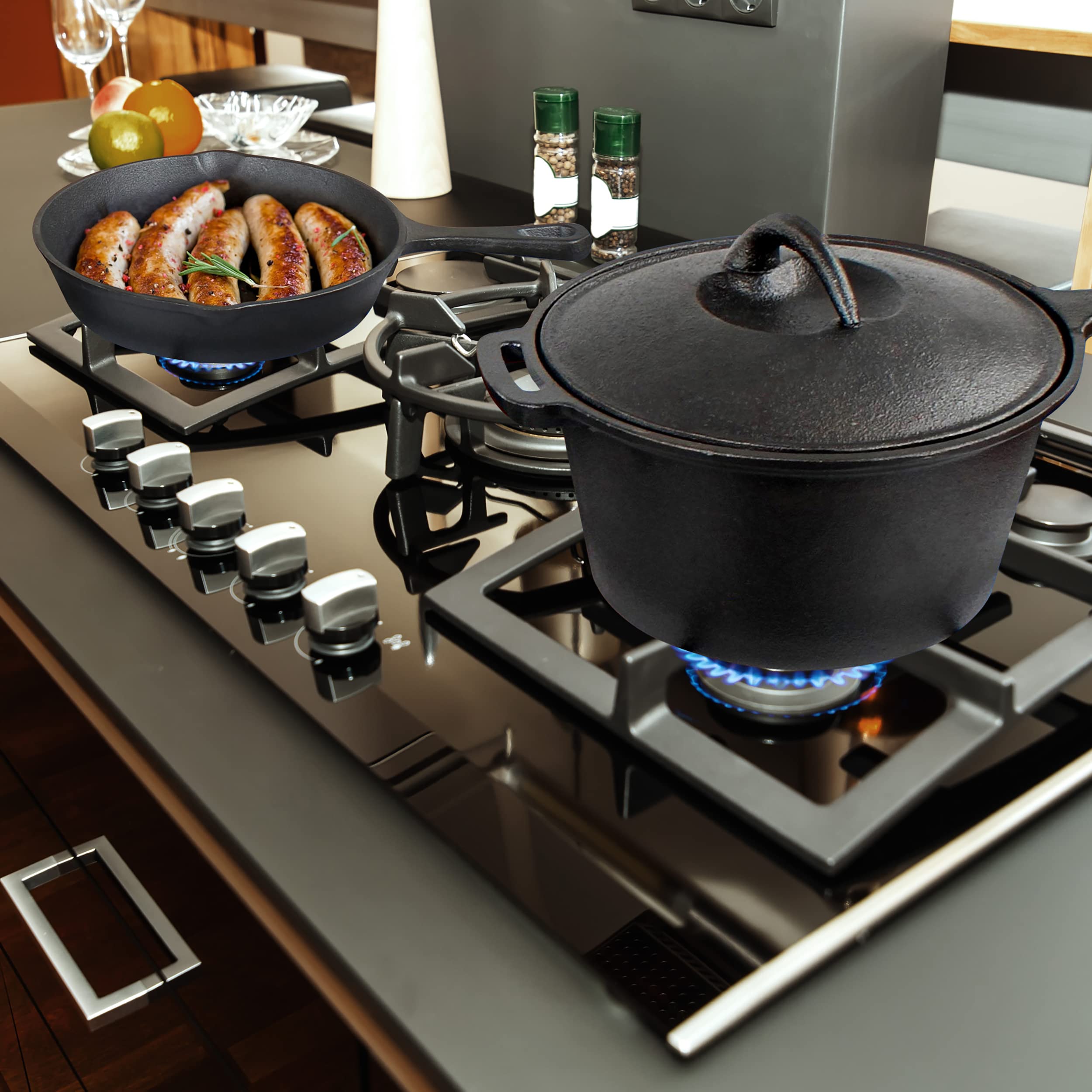 Lot45 Dutch Oven Camping Cooking Set 7pc Cookware - Cast Iron Griddle, 4.5qt Dutch Oven, Frying Pan, 2.5qt Sauce Pan