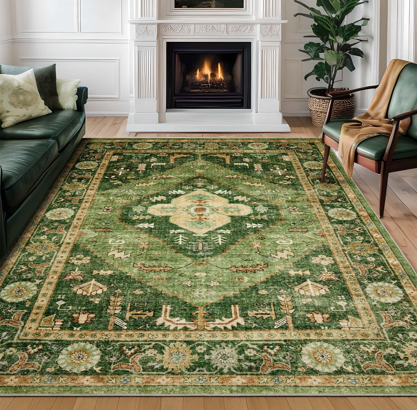 Washable Living Room Area Rugs - 9x12 Large Soft Machine Washable Non-Slip Low Pile Area Rugs, Vintage Oriental Neutral Carpet for Bedroom Dining Room Dorm Office Decor Green/Beige