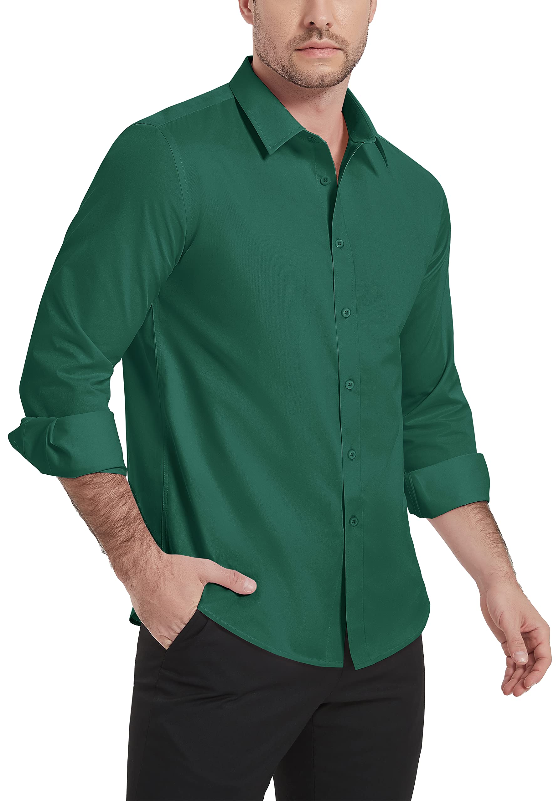 MAGCOMSEN Mens Dress Shirts Long Sleeve Button Down Shirt Lightweight Formal Shirts Business Casual Shirt Green,XL