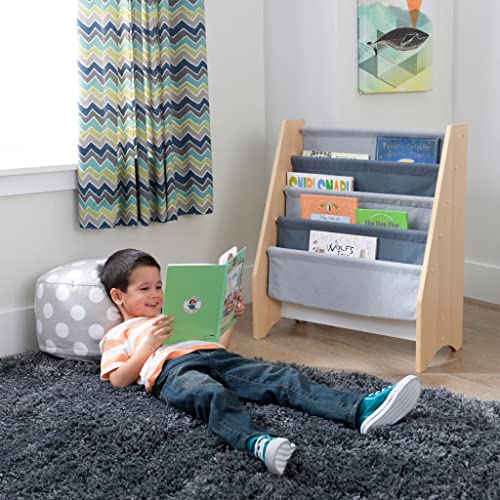 KidKraft Wood and Canvas Sling Bookshelf Furniture for Kids - Gray & Natural, Gift for Ages 3+