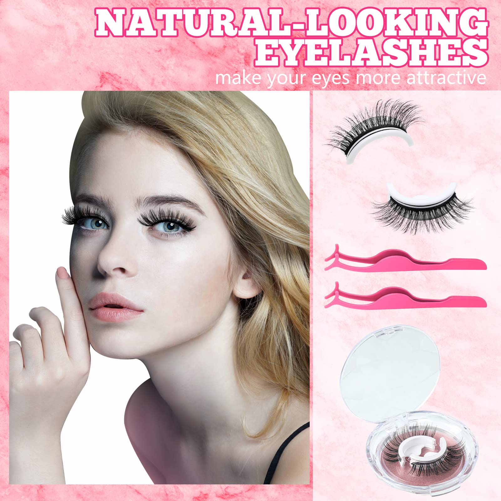 Reusable Self Adhesive Eyelashes No Glue or Eyeliner Needed Easy to Put On, Stable Non Slip Waterproof False Lashes with 2 Eyelash Tweezers Thoughtful Gift for Women Makeup, 4 Pairs (Elegant Style)