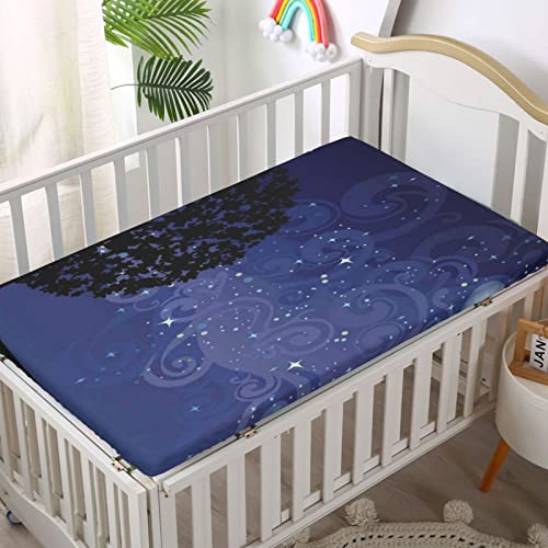Starry Night Themed Fitted Mini Crib Sheets,Portable Mini Crib Sheets Soft & Stretchy Fitted Crib Sheet-Crib Mattress Sheet or Toddler Bed Sheet,24β x38β,Charcoal Grey Indigo Black