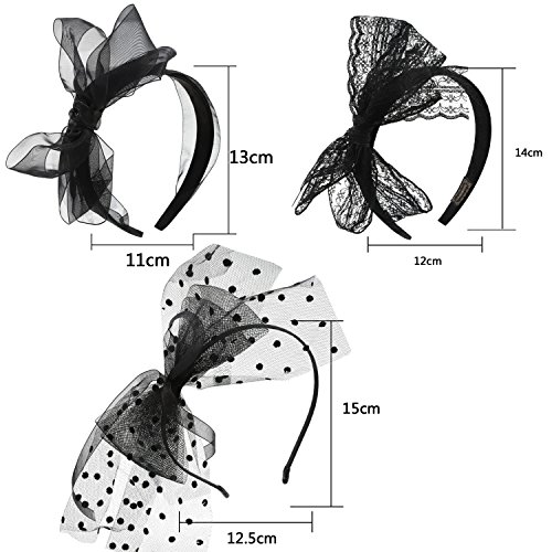 Hicarer 3 Pieces 80's Black Lace Headband with Bow 80s Theme Costumes Party Accessories Neon Lace Bow Headband for Women(Black)