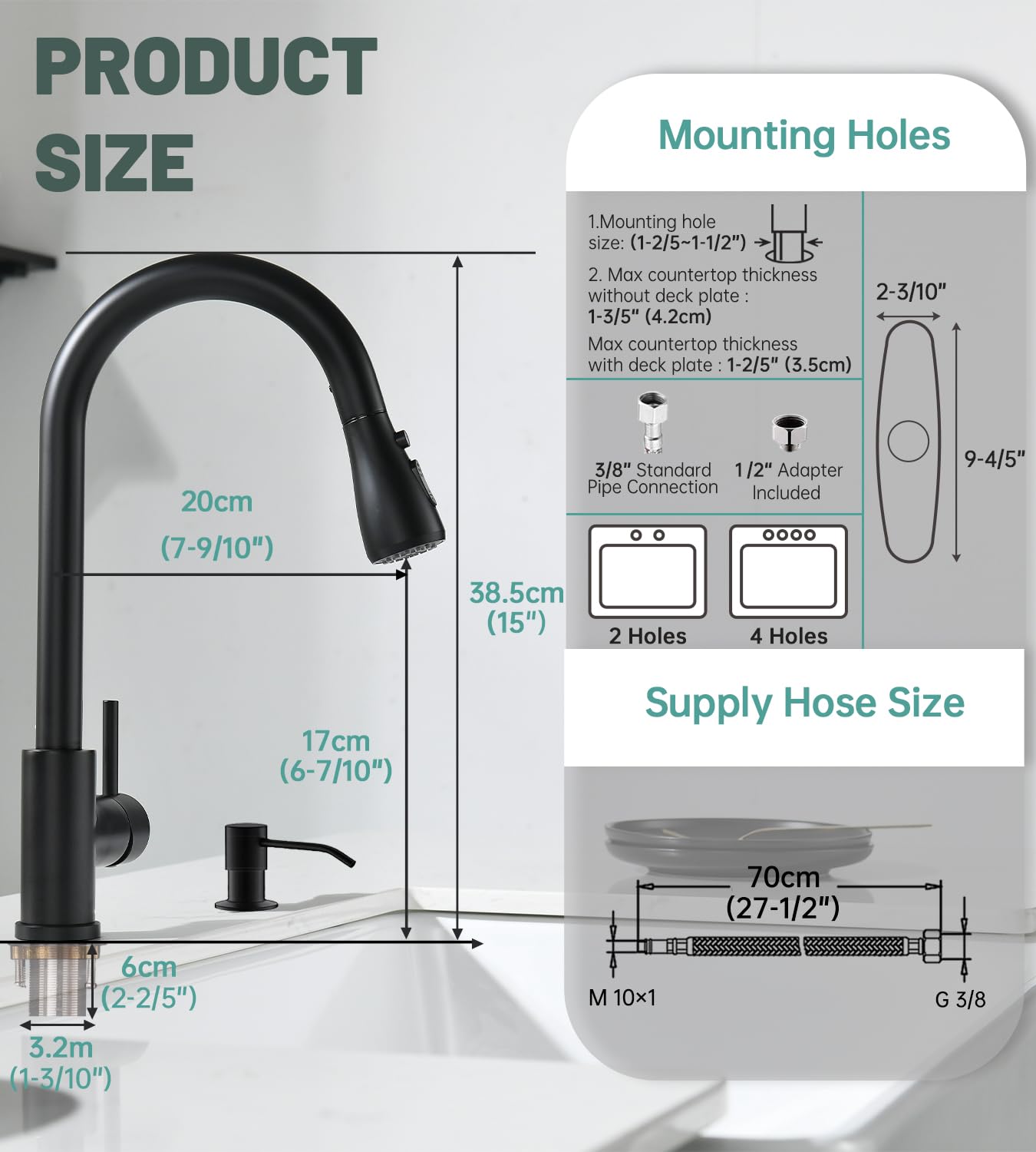 Matte Black Kitchen Faucet with Pull Down Sprayer and Soap Dispenser, DAYONE Single Handle High Arc Stainless Steel Kitchen Faucet Tap, with Escutcheon & 3 Functions, DAY-APS257MB