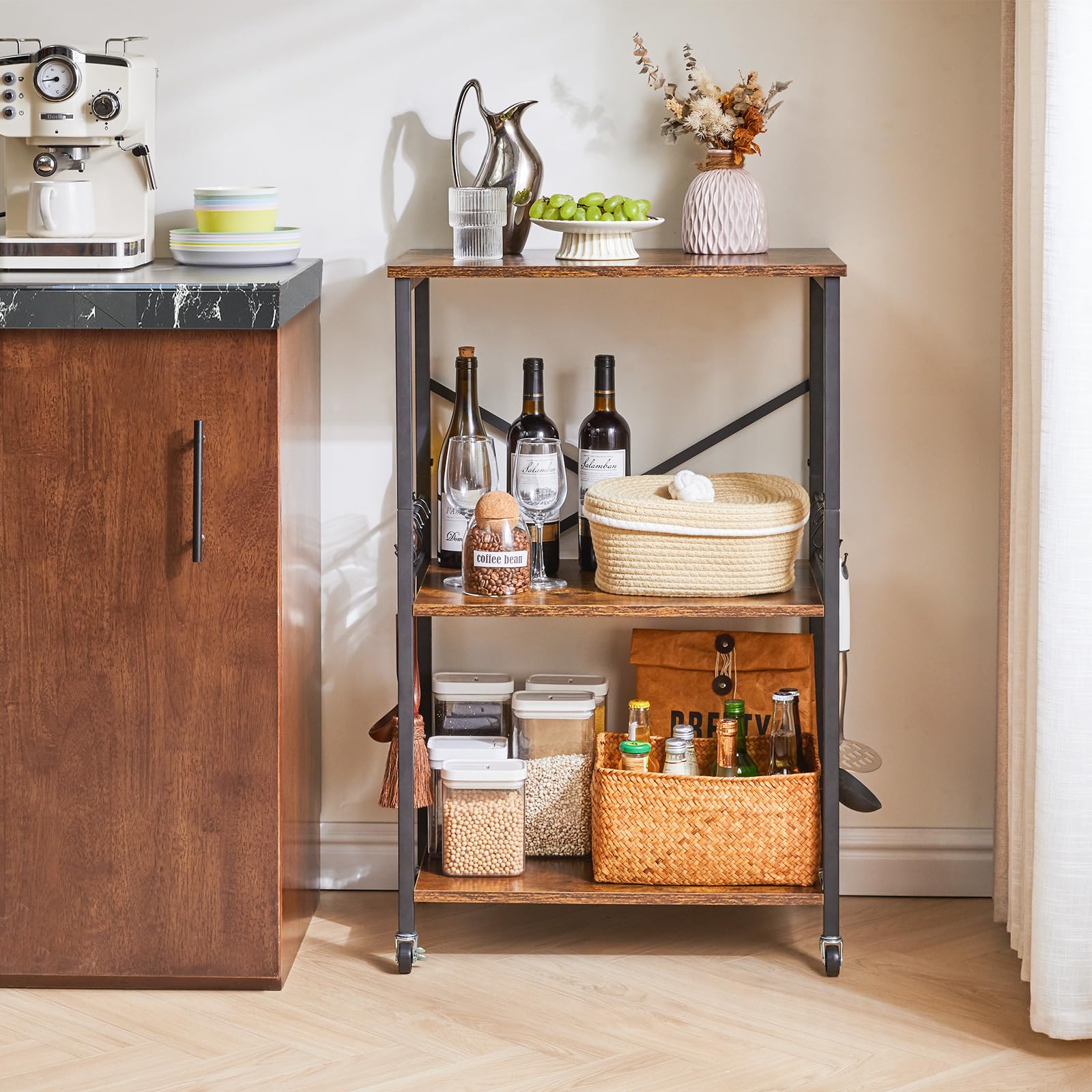 IBUYKE Kitchen Shelf, 3-Tier Microwave Oven Stand, Baker’s Rack with Metal Frame and 6 Hooks, Industrial Printer Stand, Utility Standing Storage Shelf for Coffee Bar, Simple Assembly, GL-TMJ022H