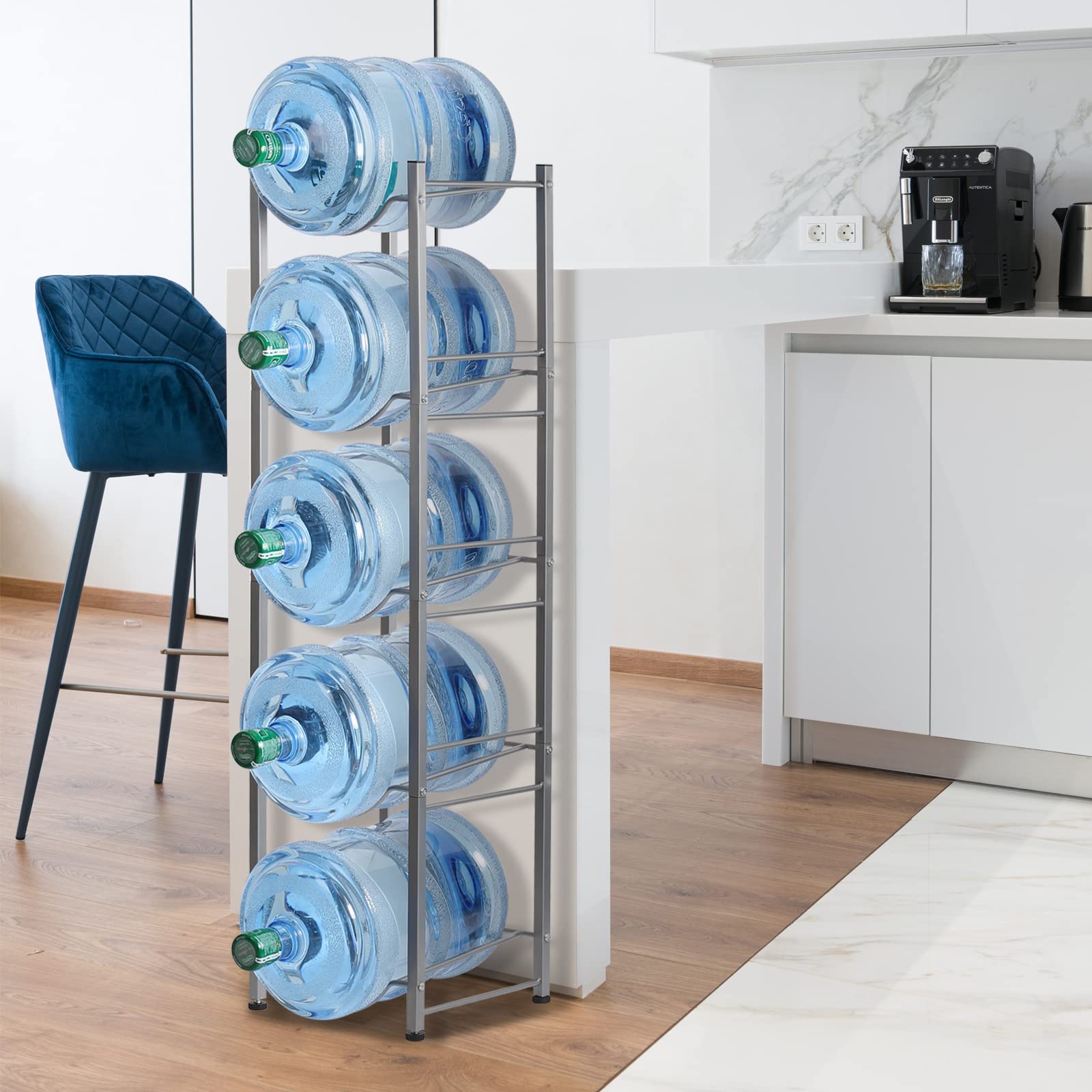 HEOMU 5 Gallon Water Jug Rack, 5-Tier Water Bottle Holder Storage Rack, Water Jug Organizer for Kitchen, Office, Garage, Silver