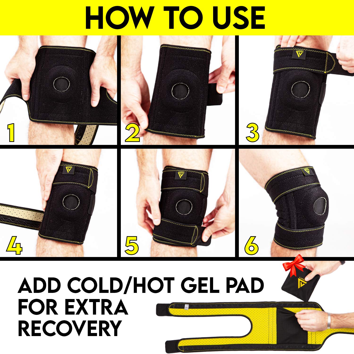 LANGOV Knee Brace For Knee Pain For Women & Men β Knee Compression Sleeve - Open Patella Knee Support With Adjustable Straps β Relieves Pain - Stablizer Wraps For Running, Working Out, Weightlifting