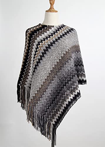 StylesILove Women Autumn Winter Knitted Zig-Zag Pullover Fringe Poncho Sweater Soft Wrap Cape Lightweight Shawl (Black)