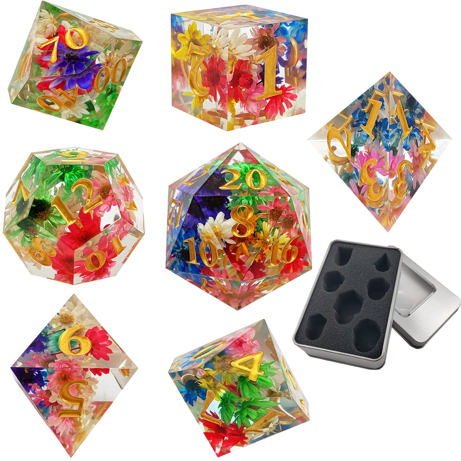 Resin D&D Dice Set, 7 Pcs Sharp Edge DND Dice Set, Dungeons and Dragons Dice Polyhedral D and D Dice, with Metal Box for RPG MTG Pathfinder Role Playing Dice D20 D12 D10 D8 D6 D4