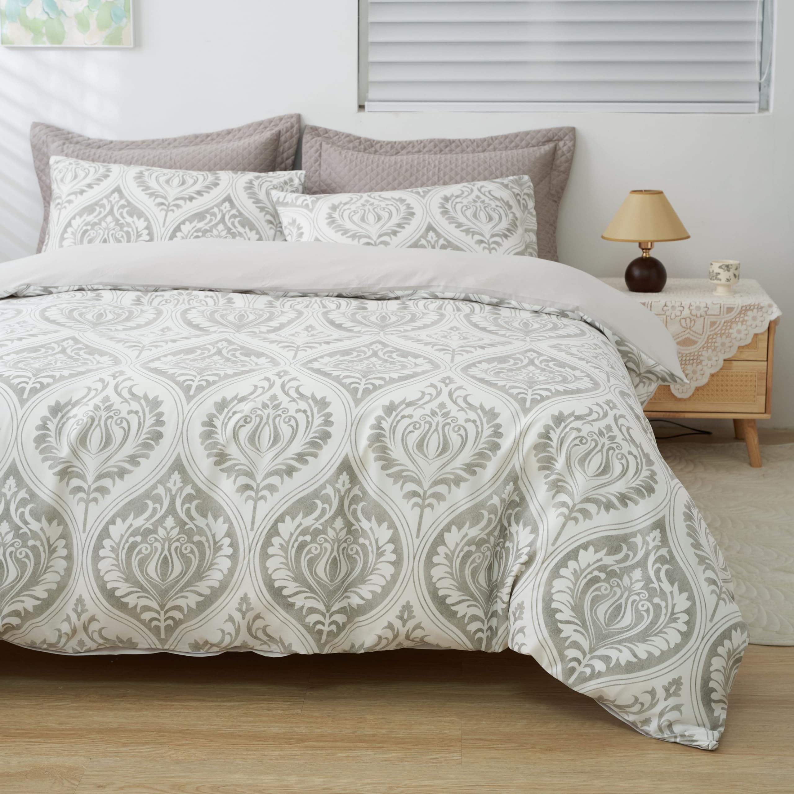 Tache Gray White Ogee Damask Moon Sky Speckled Heather Grey Modern Victorian Shabby Chic Reversible Duvet Cover Queen