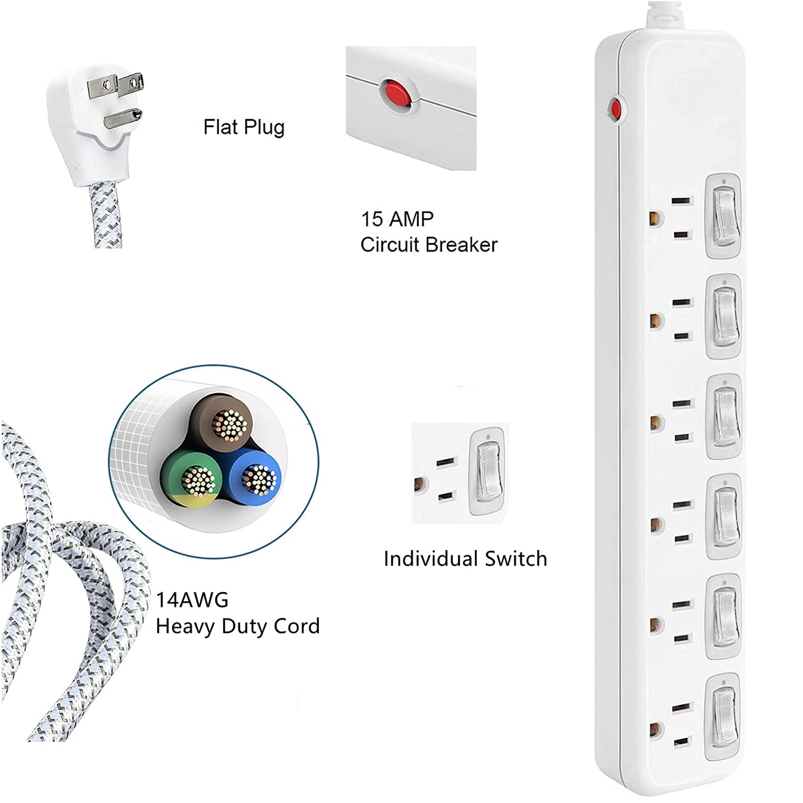 Power Strip Extension Cord 6 Ft, 6 Rotating Outlets & 4 USB Charging Ports, 1875W, 1020 J, Flat Plug Wall Mount Surge Protector Strips for Home, Office, White