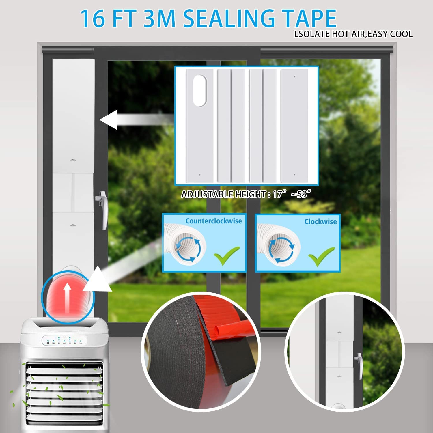 Portable AC Window Vent Kit with 5.9" Exhaust Hose, Adjustable Window Sliding AC Vent Kit for AC Unit, Universal AC Seal Plate with Coupler for Sliding Window or Door