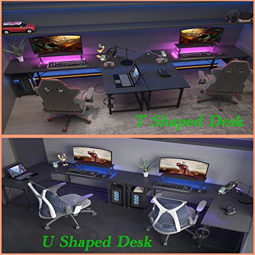 SZXKT L Shaped Computer Desk with Monitor Stand and Power Outlets,Gaming Desk with Storage Shelf and LED Lights,Home Office Reversible Corner with Hooks (Black)