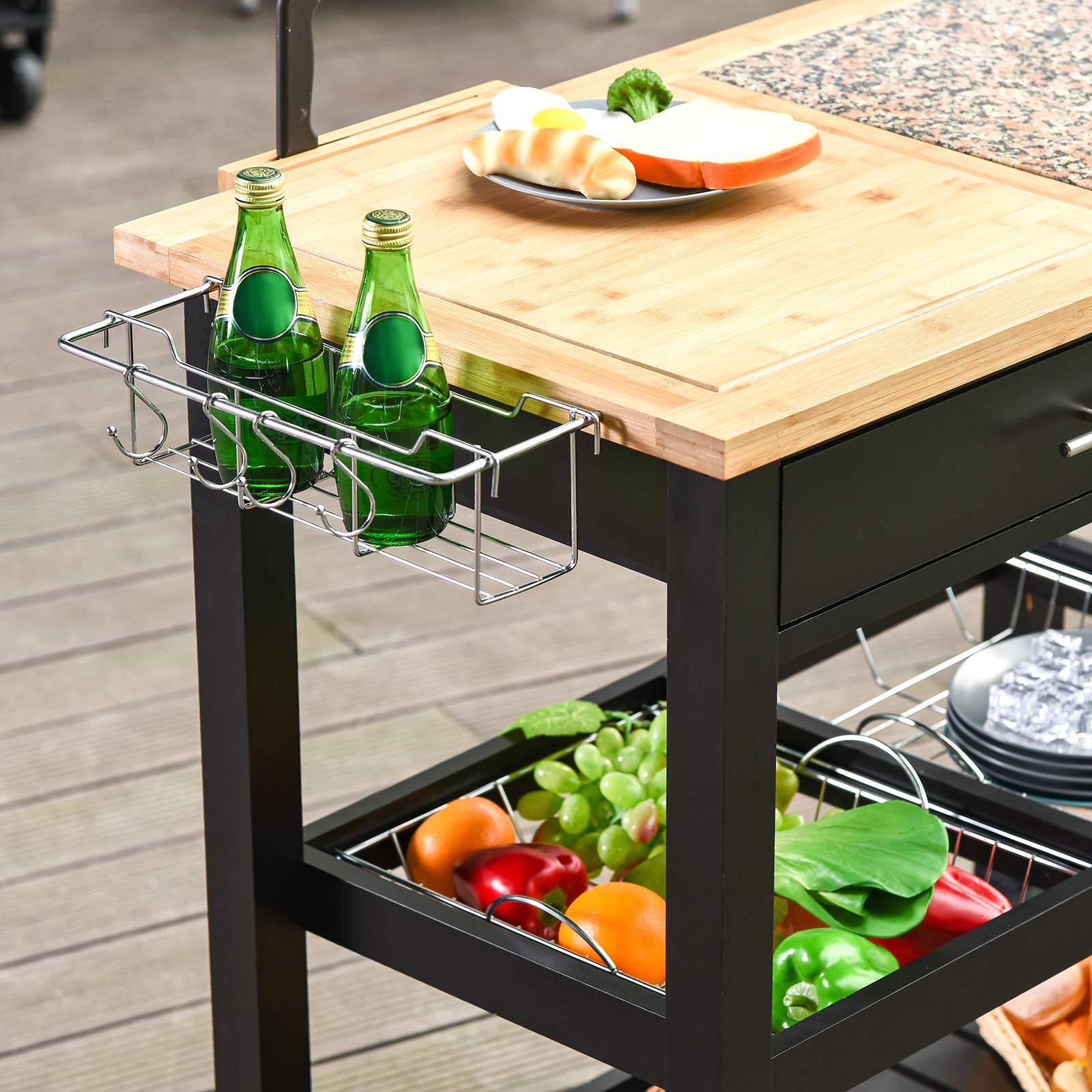 HOMCOM Rolling Mobile Kitchen Island Cart with Granite & Bamboo Countertop, Knife Rack, Integrated Spice Rack & Storage Drawer