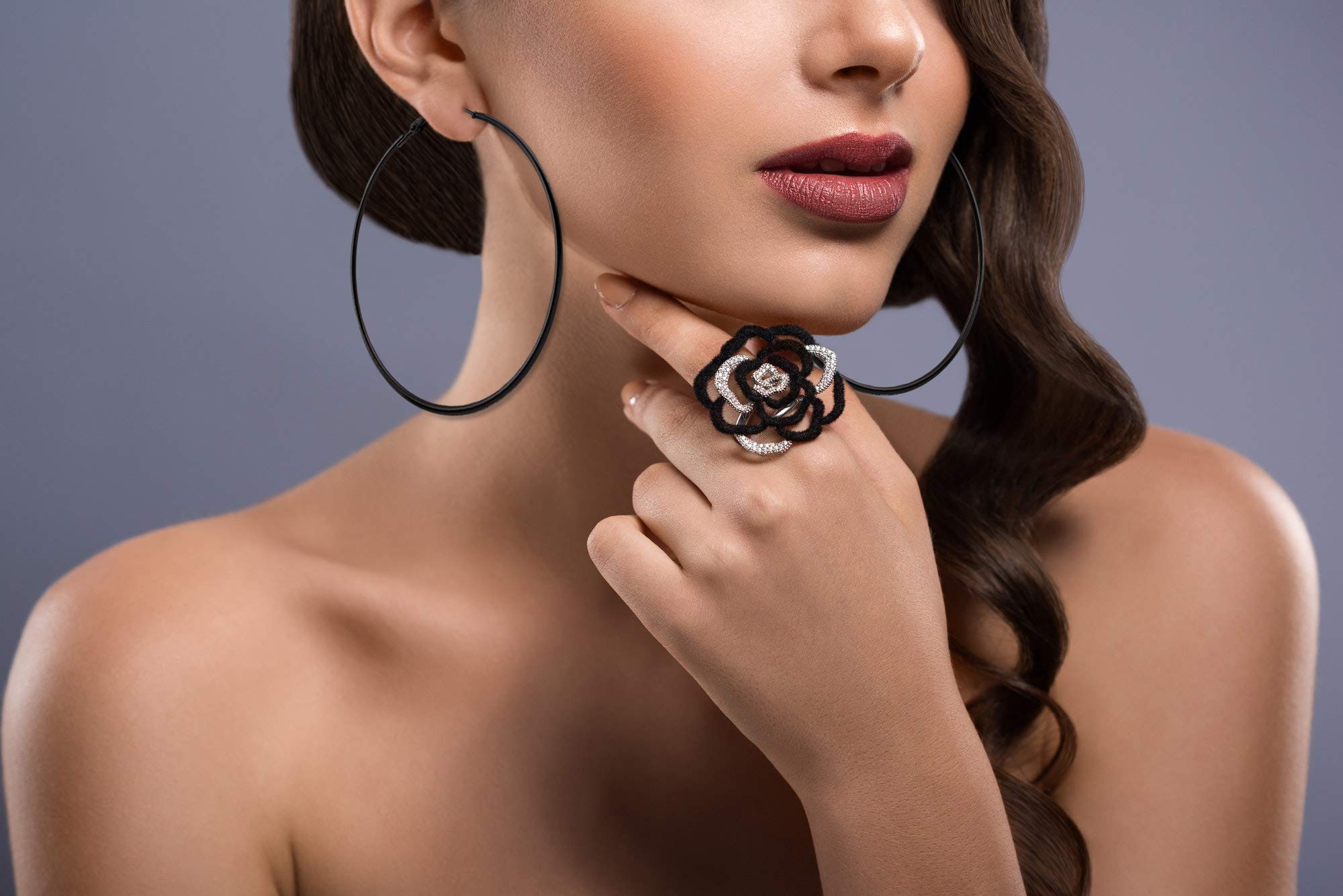 IDB Classic Stainless Steel Big Hoop Color Earrings - Huge Basketball Oversized Retro 80's Hoops - 3 1/8 inch (3.125" / 80mm) Diameter - (Midnight Black)