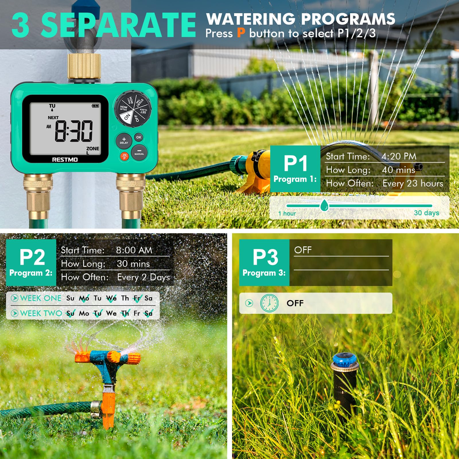 RESTMO Sprinkler Timer with Brass Inlet & Outlet, 2 Zone Programmable Water Timer for Garden Hose, 3 Separate Programs Hose Timer, Manual/Rain Delay/Automatic Watering for Drip Irrigation and Lawn