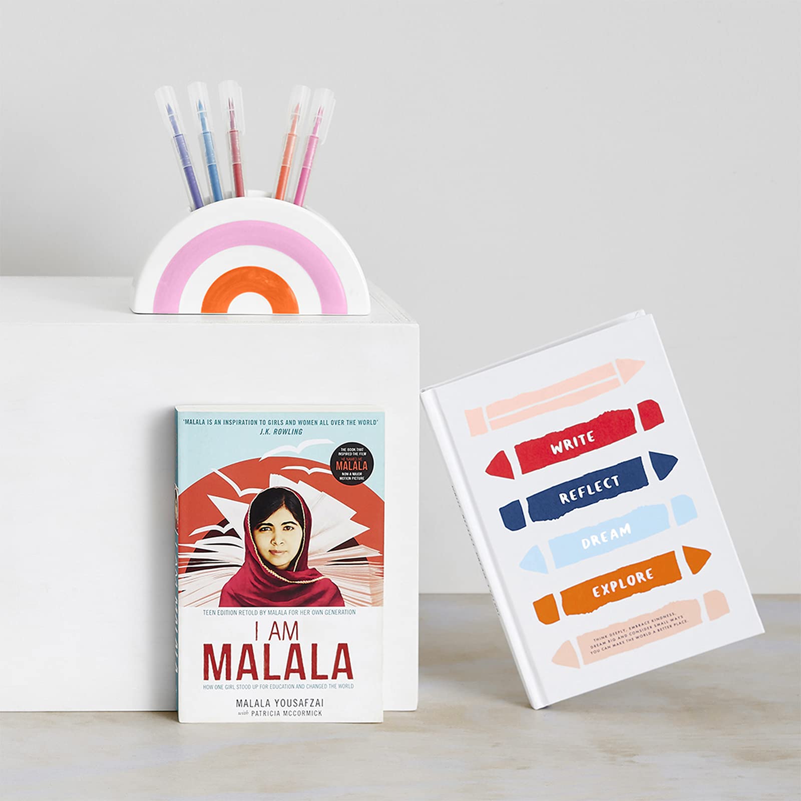 kikki.K x Malala Fund Collection - Write Reflect Dream Explore Journal in Pale Peach, Prompted, Lined, Blank and Printed Pages, 208 Pages, 8.50" L x 6.06" W x 0.51" H