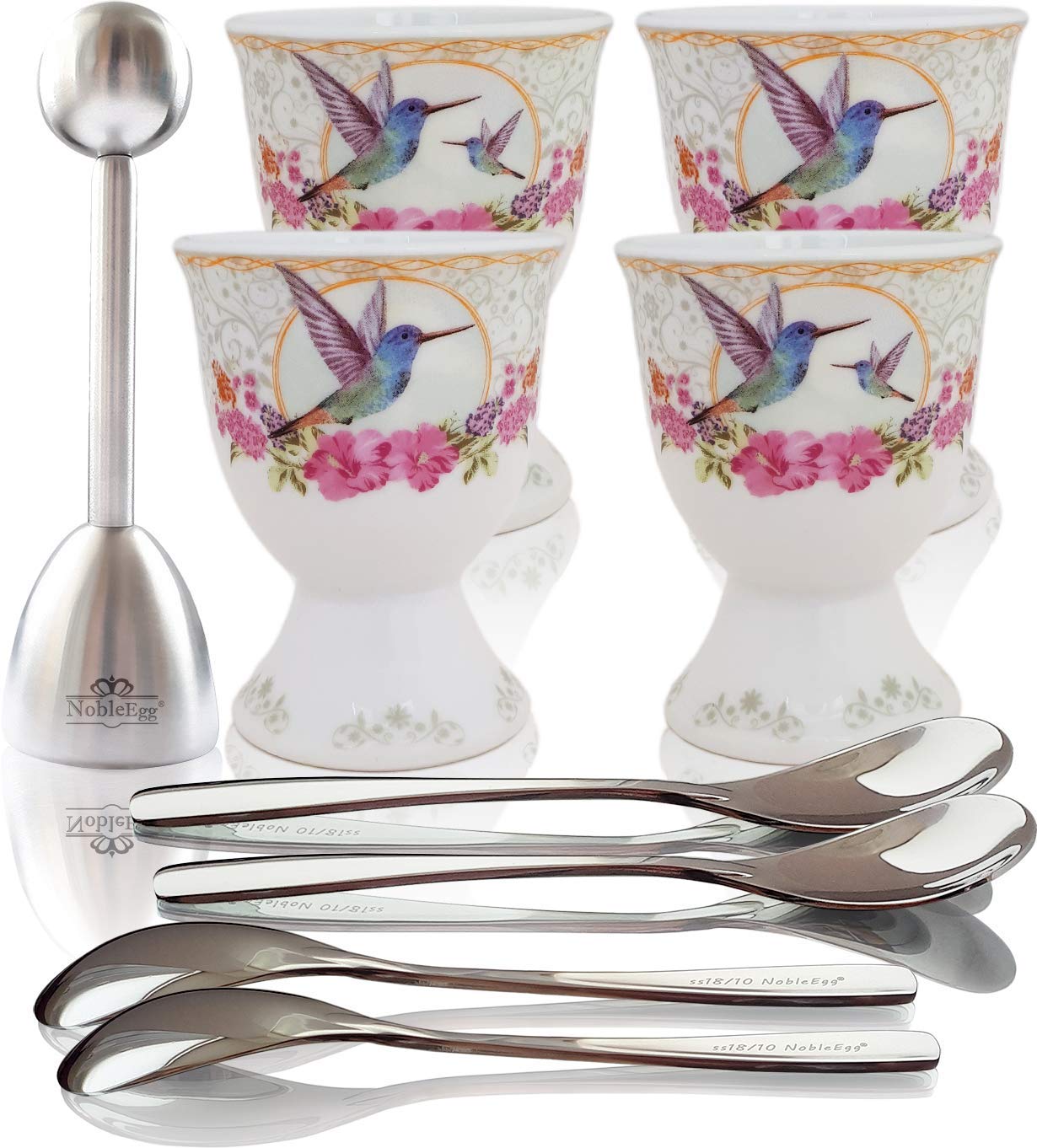 NobleEgg Egg Cups and Spoons Set for Soft Boiled Eggs | Bundle of 2 sets with Egg Topper Cutter (May ship separately)