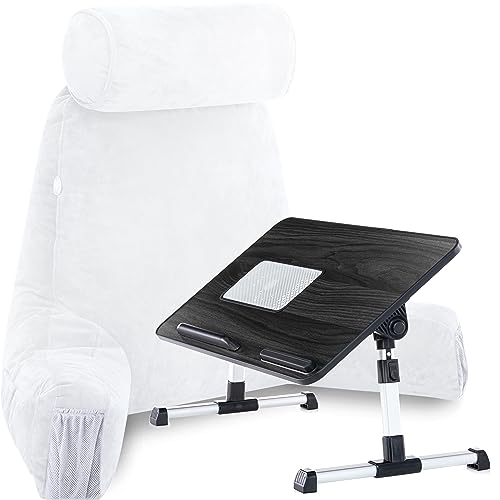 Husband Pillow Combo - Backrest Pillow with Arms : Medium White & Lap Desk Bed Tray : Grey - Memory Foam Reading Pillows for Bed w/Removable Neck Roll & Laptop Bed Tray Table