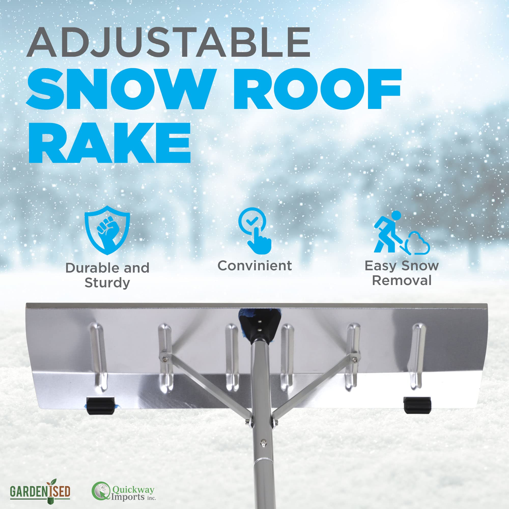 Quickway Imports Snow Rake Shovel | Aluminum Snow & Leaf Removal Tool & Pusher Scraper for House Roof & Car with 24β Rolling Blade, Lightweight 5-21β Telescoping Extendable Handle & Nonslip Grip,Gray