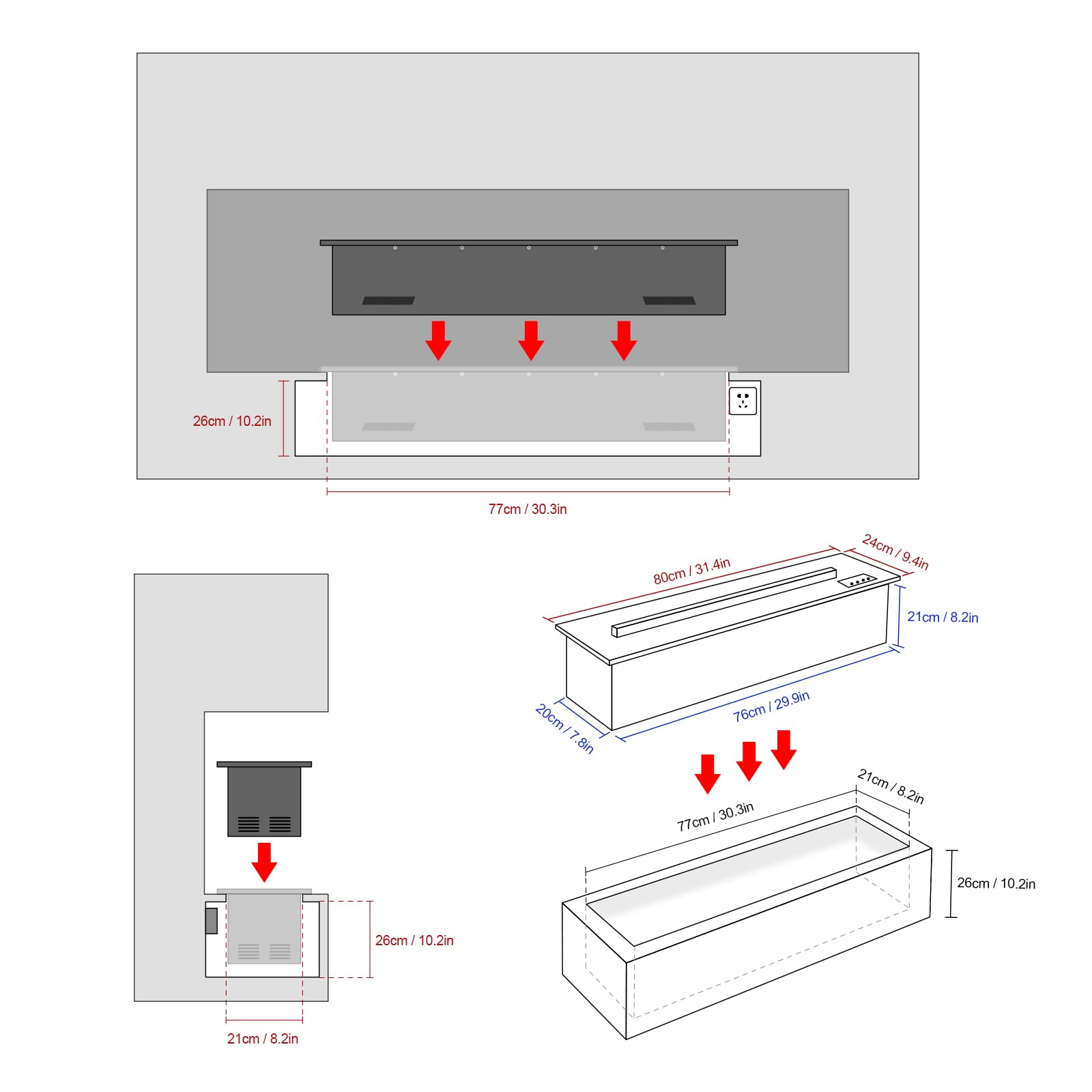 MASSLAX Water Vapor Fireplace Embedded with 3D Atomized Flame Dimmable, Remote Control Electric Steam Fireplace with Water Control, Burning Sound & 5ft Power Cords, Size: L31.5 x W7.87x H8.27 in