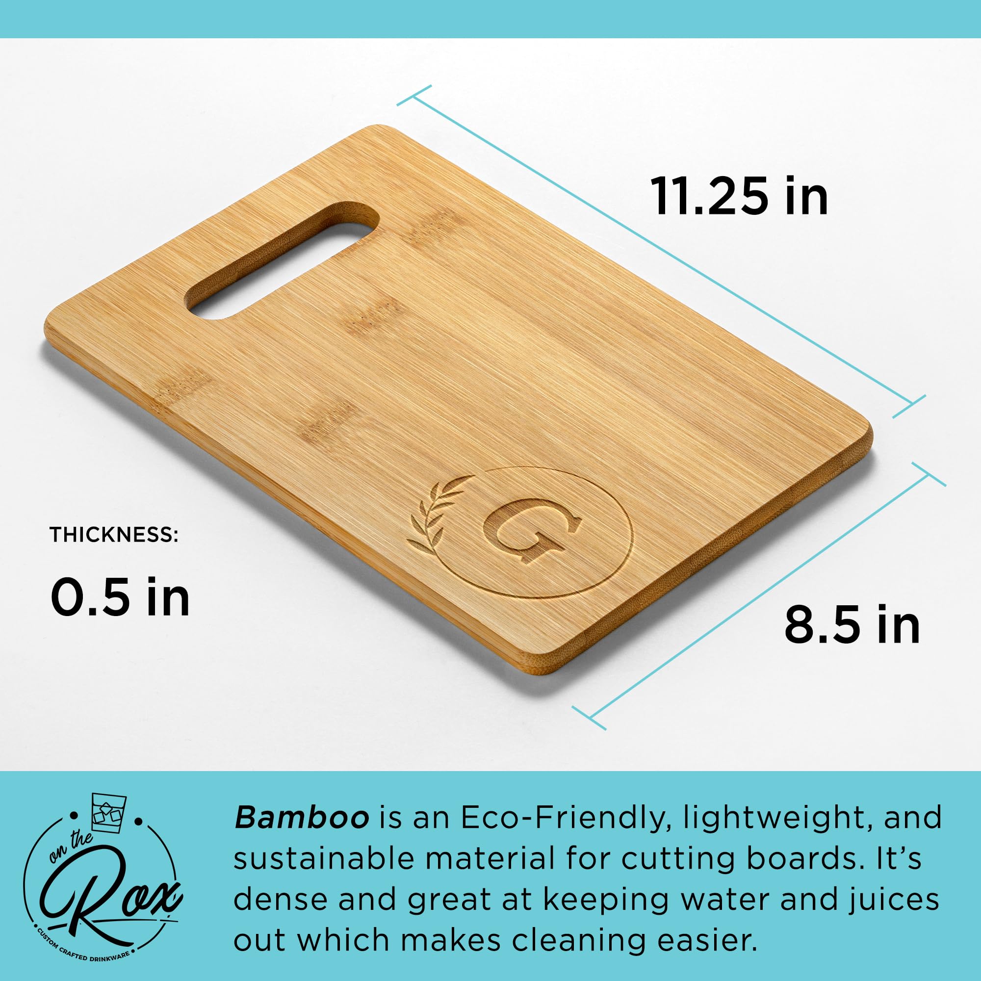 On The Rox Monogrammed Cutting Boards - 9β x 12β A to Z Personalized Engraved Bamboo Board (G) - Large Customized Wood Cutting Board with Initials - Wooden Custom Charcuterie Board Kitchen Gifts