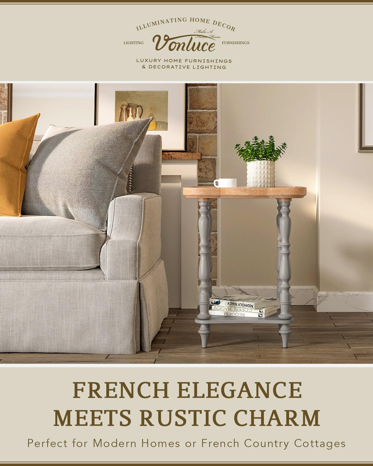 VONLUCE French Country End Table, 19'' Square Farmhouse Side Table, Distressed Wood Tray Top Rustic Accent Table for Living Room Bedroom, Small Space, Beige