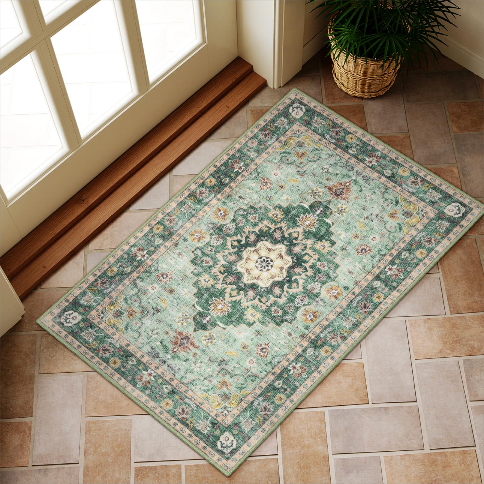 Sungea Indoor Door Mats for Entryway 2x3,Washable Non Slip Bathroom Rugs Vintage Rug Distressed Print Oriental Kitchen Rug,Small Area Rug Lightweight Throw Rugs for Bedroom(Green)