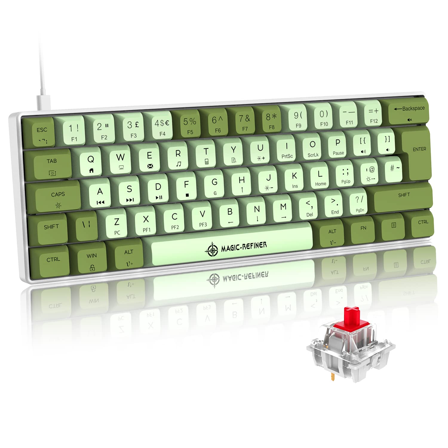 Small Mechanical Gaming Keyboard Type-c Wired with PBT Dye-subbed Keycaps Rainbow RGB Backlit 60% Layout Full Anti-Ghosting 62 Key Ergonomic for Typist Laptop PC Mac Gamer (Green Mix/Red Switch)