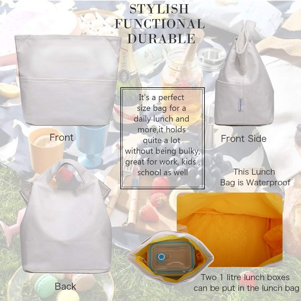 NOL Natural Organic Lifestyle Reusable Lunch Bag for Women Girls Small Top Hidden Handle Waterproof Oiled Cotton Tote Bag White