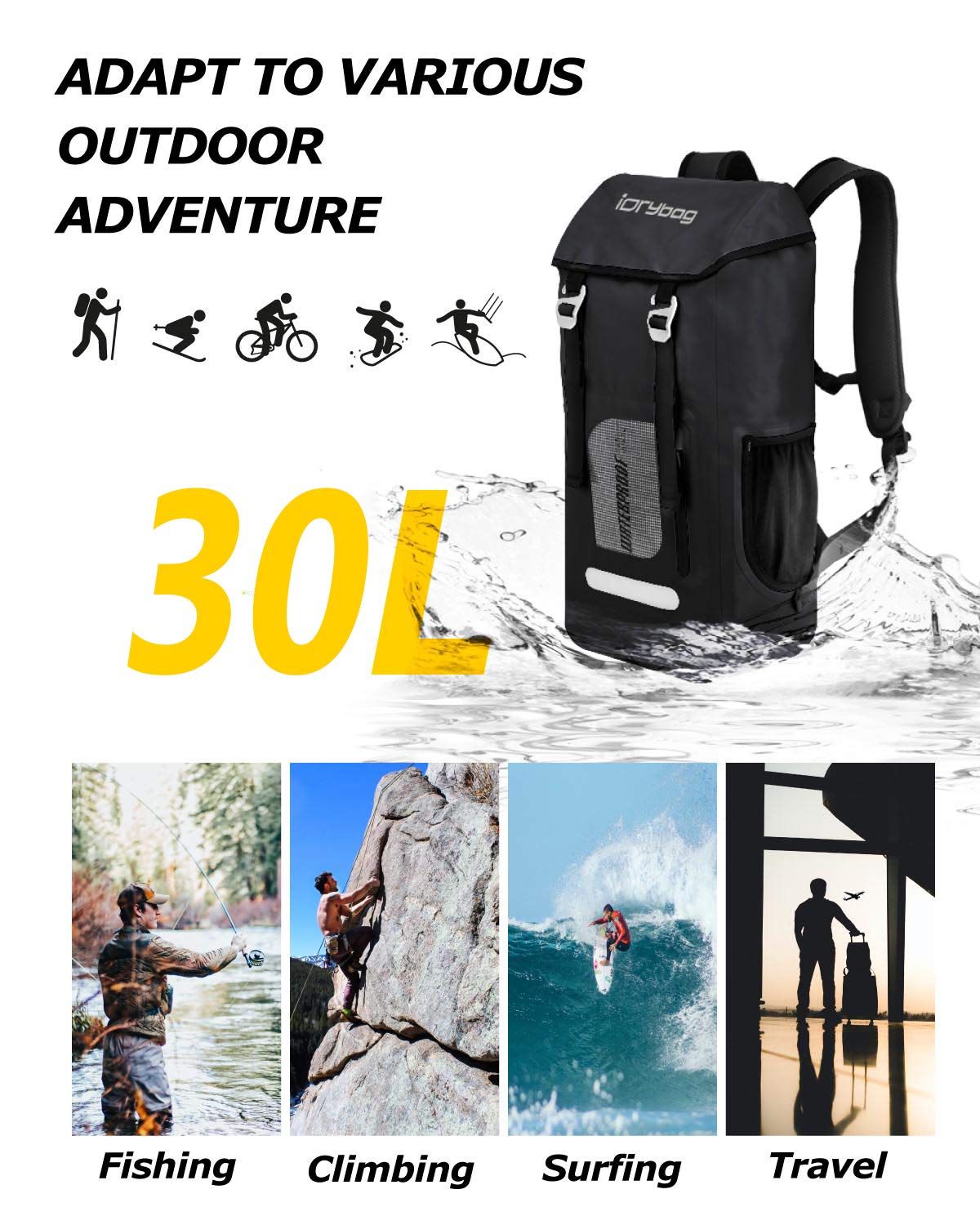 IDRYBAG Waterproof Backpack Dry Bag 30L, Dry Backpack Bags Waterproof for Women Men, Dry Sack Waterproof Bag for Kayaking, Canoeing, Floating, Boating, Rafting, Hiking, Camping