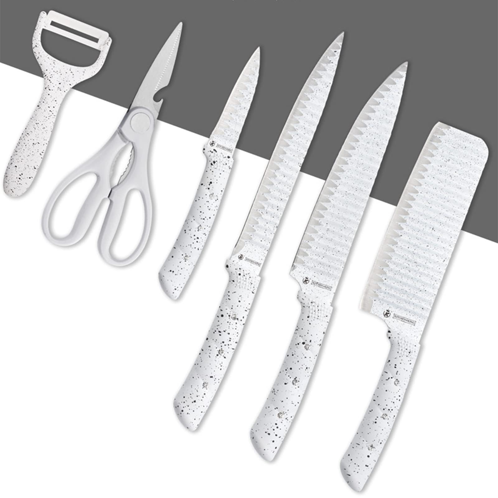 RETROSOHOO Kitchen Knife Set, 6 PC Ripple Stainless Steel Sharp Chef Knife Set with Scissors and Peeler, Non-Stick Knife Set with Non-Slip Diamond Handle Perfect for Kitchen Restaurant Home (White)
